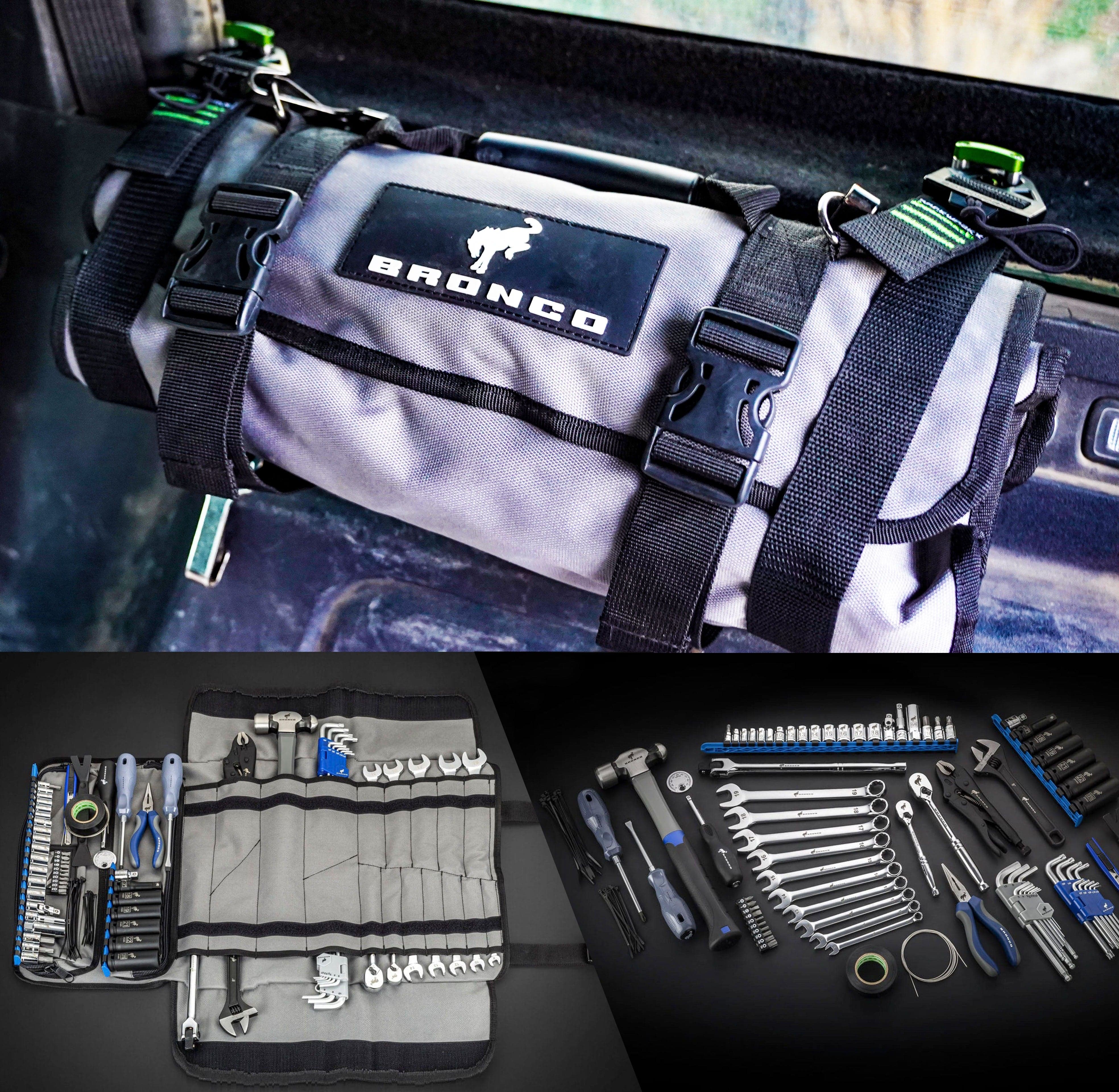 FORD Bronco branded 84 pc Tool Kit + 8 Piece Thumbscrew set+ 32" Strag ...